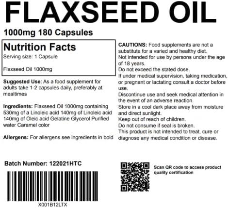 Flaxseed Oil Capsules 1000mg - 180 Softgels | Cold Pressed ...
