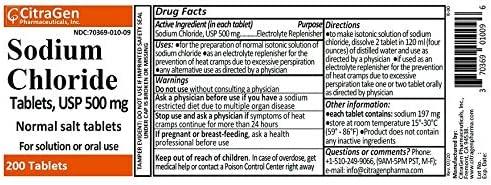 Sodium Chloride Tablets 500mg - 200 Tablets by CitraGen Pharmaceuticals ...