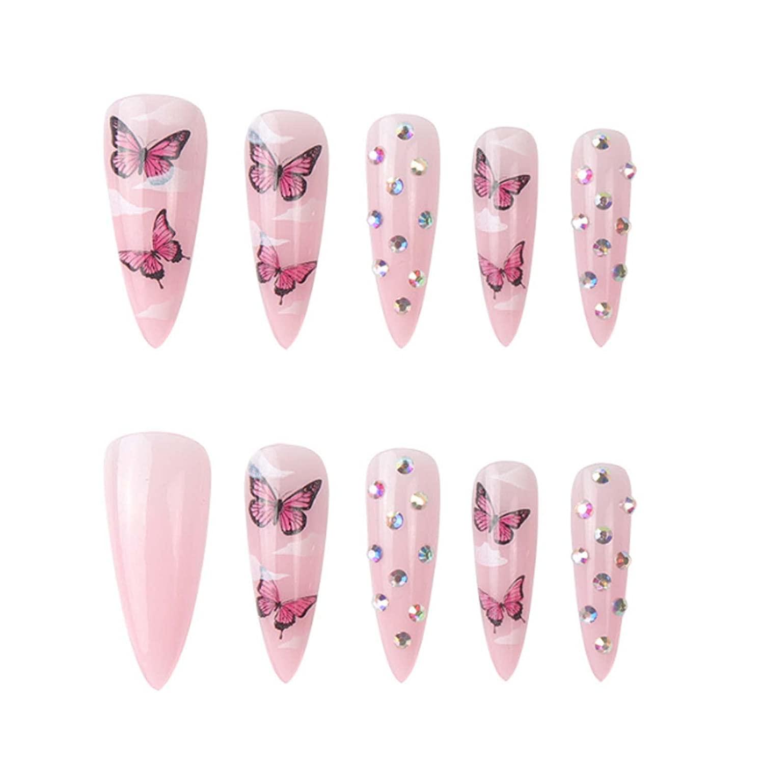 Kamize Pink Bling Stiletto Press on Nails - 24PCS Long Full Cover ...