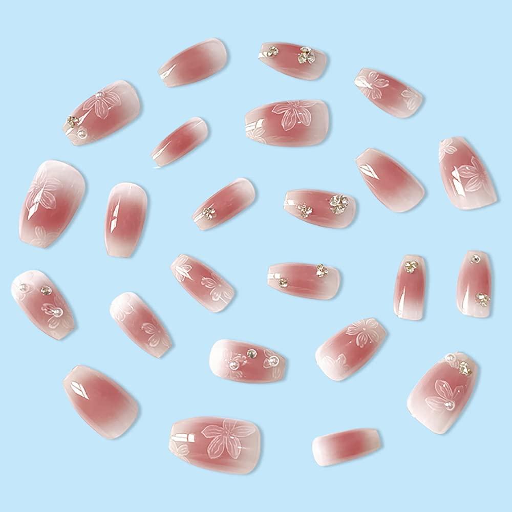 3D Rhinestone Press on Nails - Bling Glitter Pink Flower Fake Nails ...