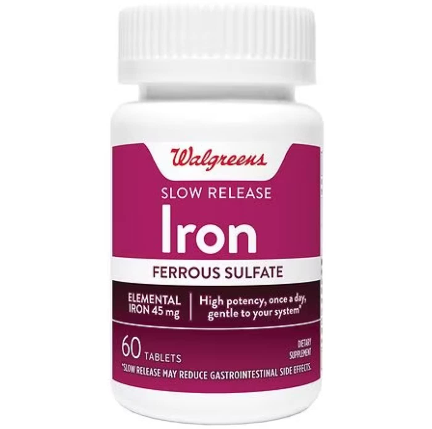 Iron Slow Release 45mg High Potency Ferrous Sulfate Tablets - 60 Count ...