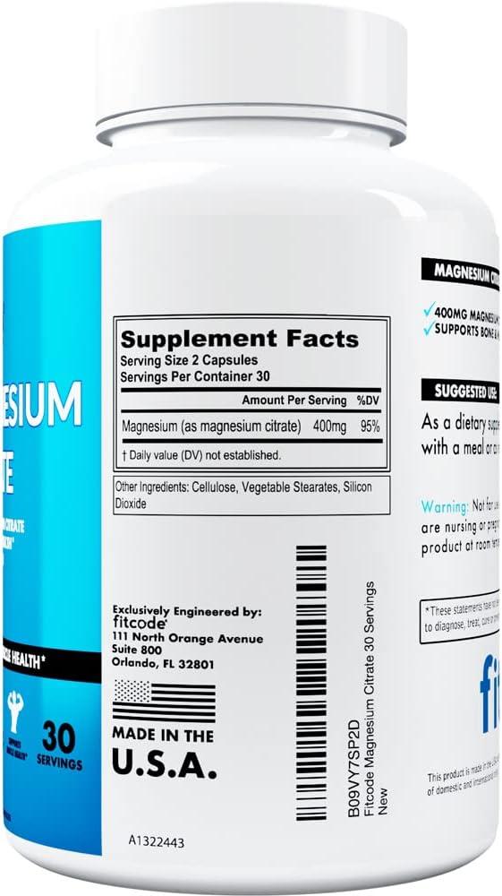 Fitcode Magnesium Citrate Capsules 400mg - Muscle and Bone Health Supplement | Buy Now with ...