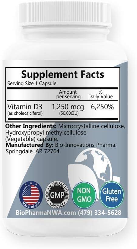 Bio-Innovations Pharmacal Vitamin D3-50,000 IU Cholecalciferol - Bone, Muscle, Cardio & Immune ...