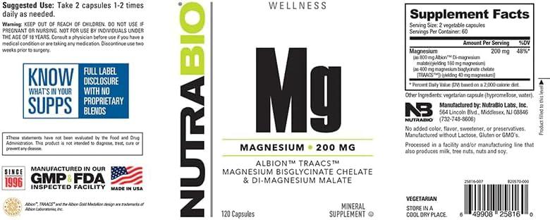 NutraBio Reacted Magnesium Supplement - 120 Vegetable Capsules - Muscle ...