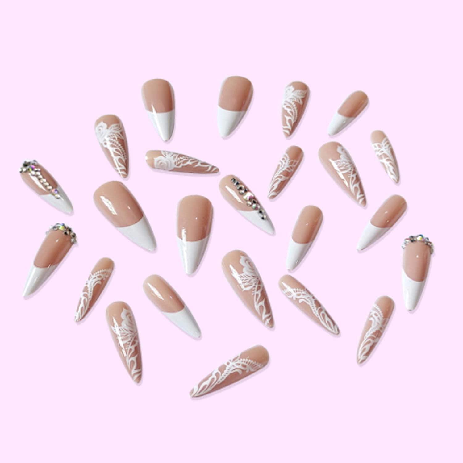 Kamize Stiletto Press on Fake Nails with Rhinestones and Flower Design ...