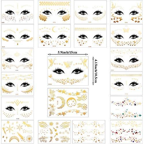 20 Sheets Face Metallic Temporary Tattoo Stickers - Gold Transfer ...
