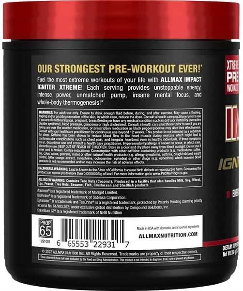 ALLMAX IMPACT Igniter Pre-Workout Blue Raspberry 11.6 oz | Boost Energy ...