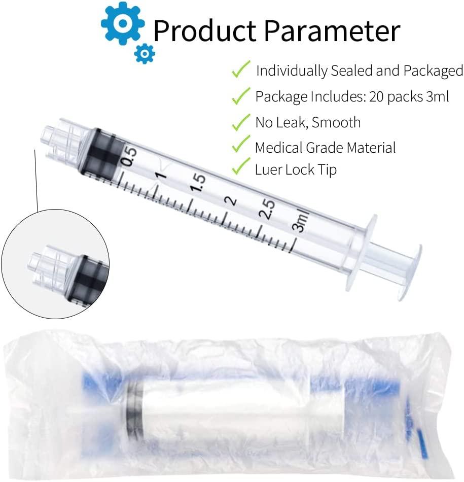 3ml Luer Lock Syringe 20-Pack - Plastic 3ml Syringes with Luer Lock Tip - Sterile Sealed - No ...