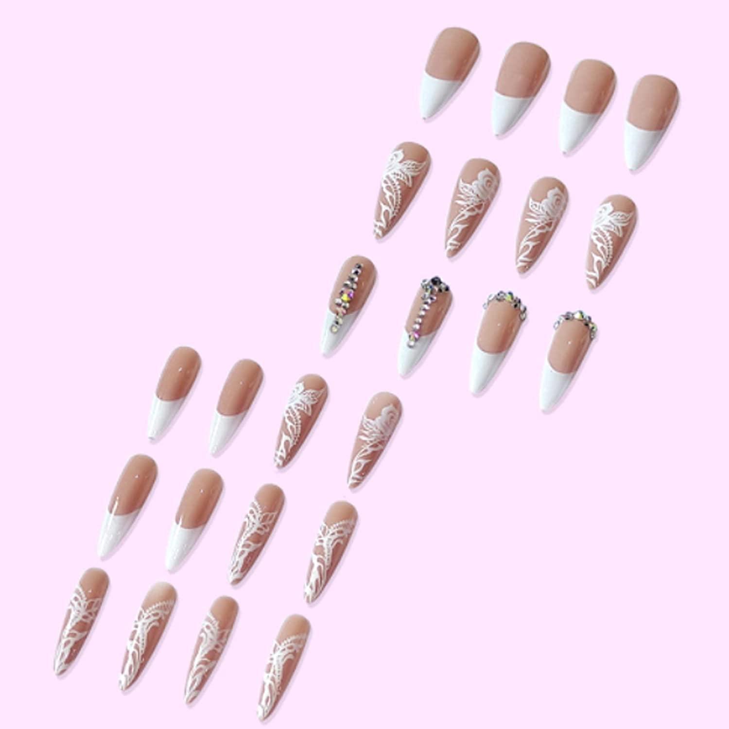 Kamize Stiletto Press on Fake Nails with Rhinestones and Flower Design ...