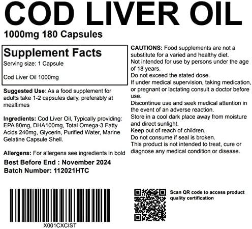 Pure High Strength UK Made Cod Liver Oil 1000mg Softgels - 180 Capsules ...