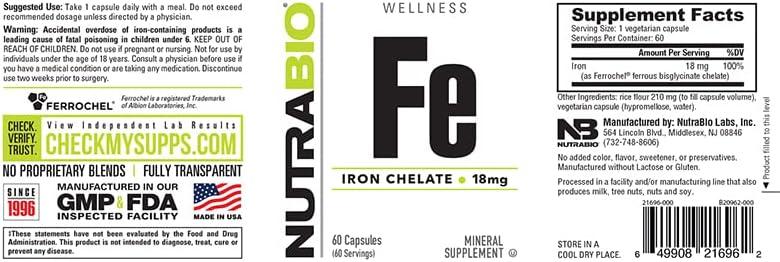 NutraBio Iron Chelate (18mg) - Supports Red Blood Cell Health - 60 ...