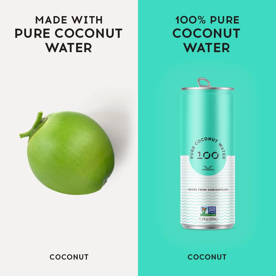 100 Coconuts Pure Coconut Water - 100% Natural & Low Calorie Drink - Pack of 12, 11 fl oz ...