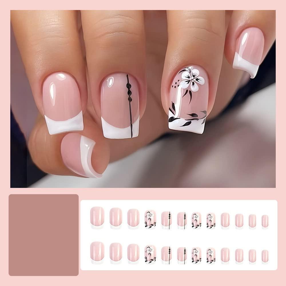 Justotry 24-Piece Angular Press-On Nails with Floral Design | White ...
