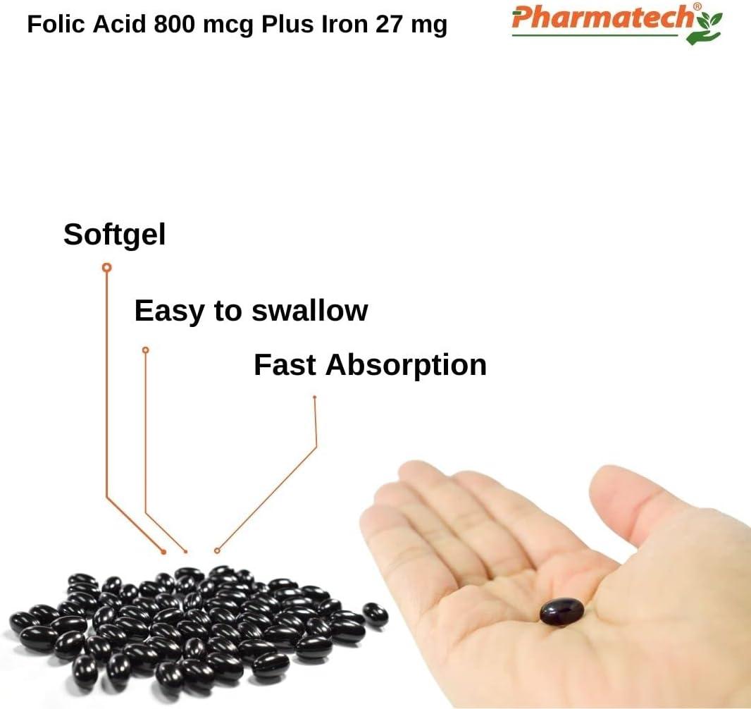 PHARMATECH Folic Acid Supplement 800mcg + Iron 27mg, Vitamin B9 ...