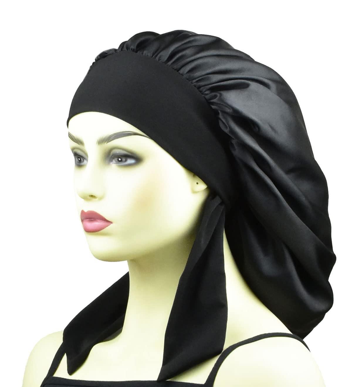 Satin Silk XL Hair Bonnet for Long Curly Hair - Black+Rose | Buy Now ...