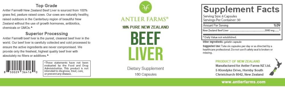 Antler Farms 100% Pure New Zealand Beef Liver Capsules - 180 ct 500mg ...