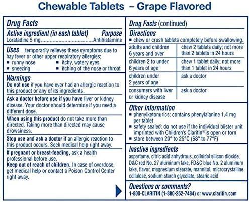 Claritin Children's Chewable 5mg - Non-Drowsy 24 Hour Relief - 72 Tablets