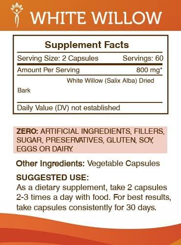 White Willow Capsules 800mg - Salix Alba Dried Bark Supplement - 240 ...