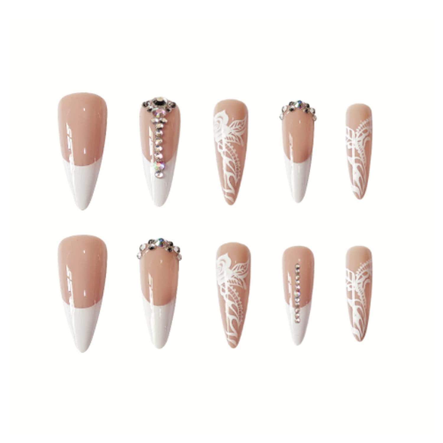 Kamize Stiletto Press on Fake Nails with Rhinestones and Flower Design ...