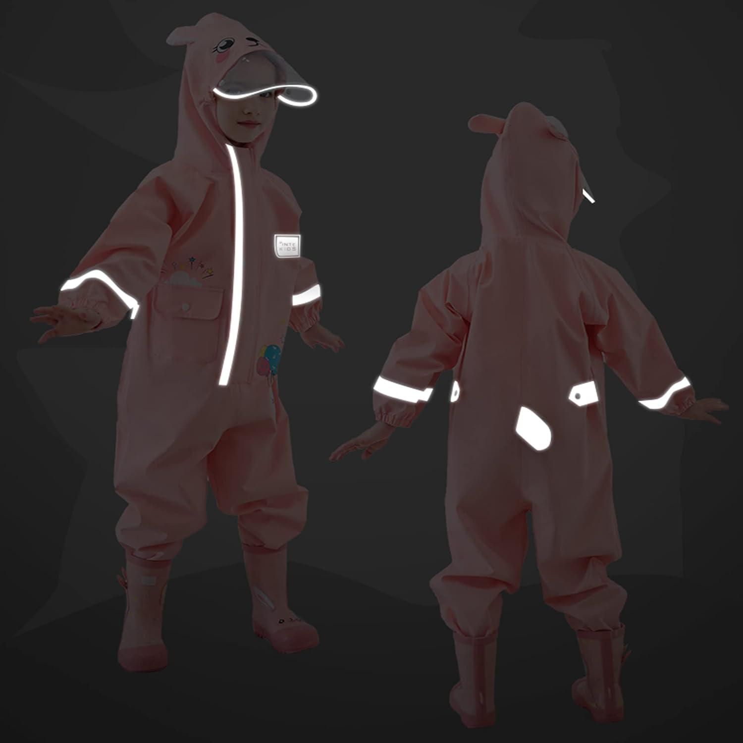 Fewlby Kids Puddle Suit Waterproof Overalls | Toddler Rainwear Hooded Romper S/1-2 Years Light ...