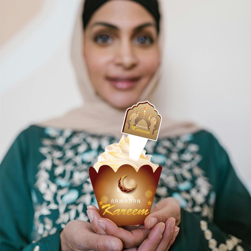 24 Sets Ramadan Cupcake Toppers and Wrappers Eid Mubarak Decorations ...