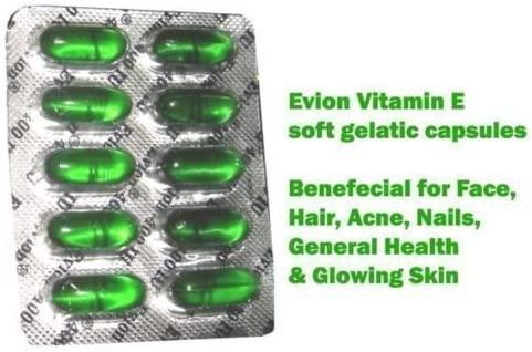 50 Evion Vitamin E Capsules 400mg for Glowing Skin, Strong Hair, Acne ...