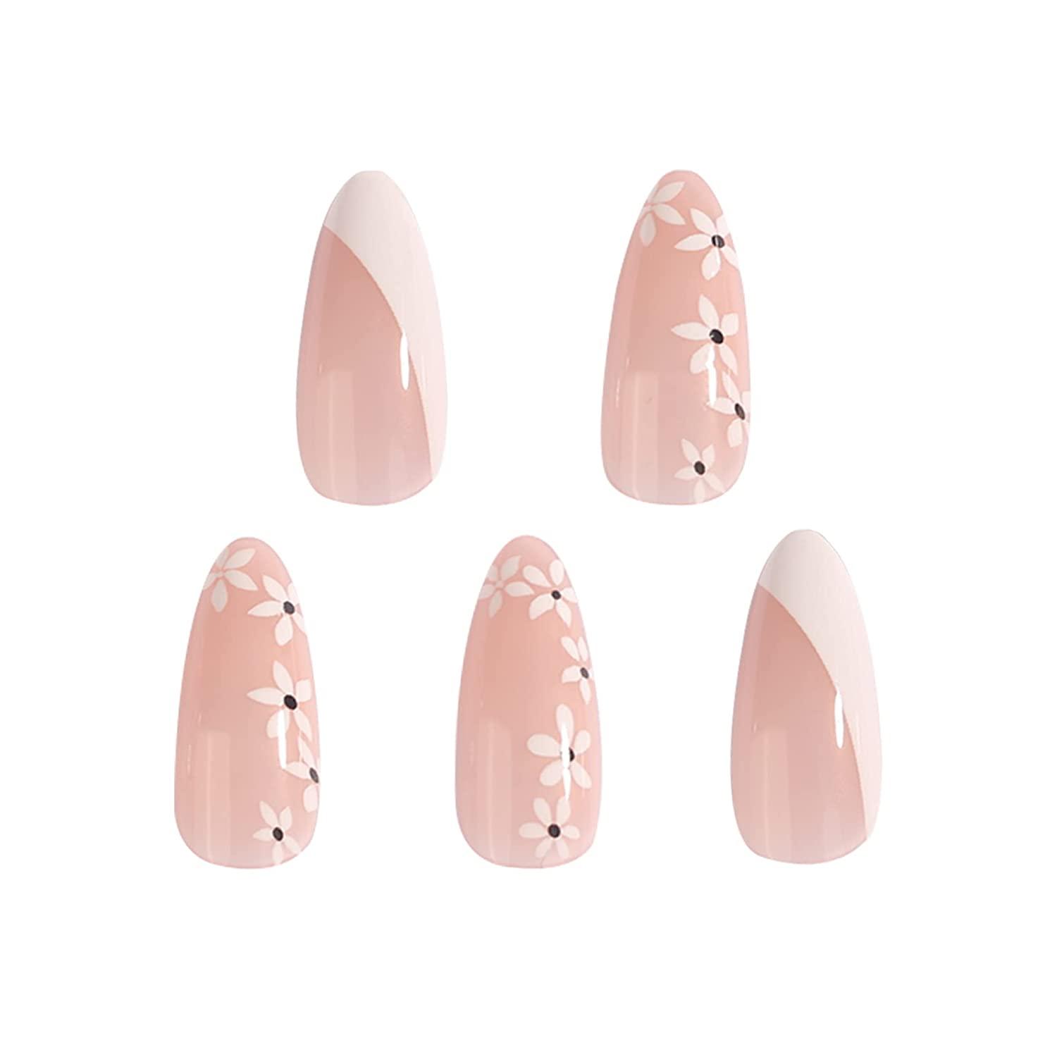 Summer White Swirl French Design Fake Nails - 24 Pcs Almond Shape Press ...