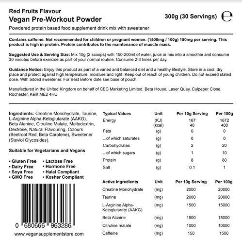 Vegan Pre-Workout Powder | 300g (30 Servings) | Plant Based Ingredients ...