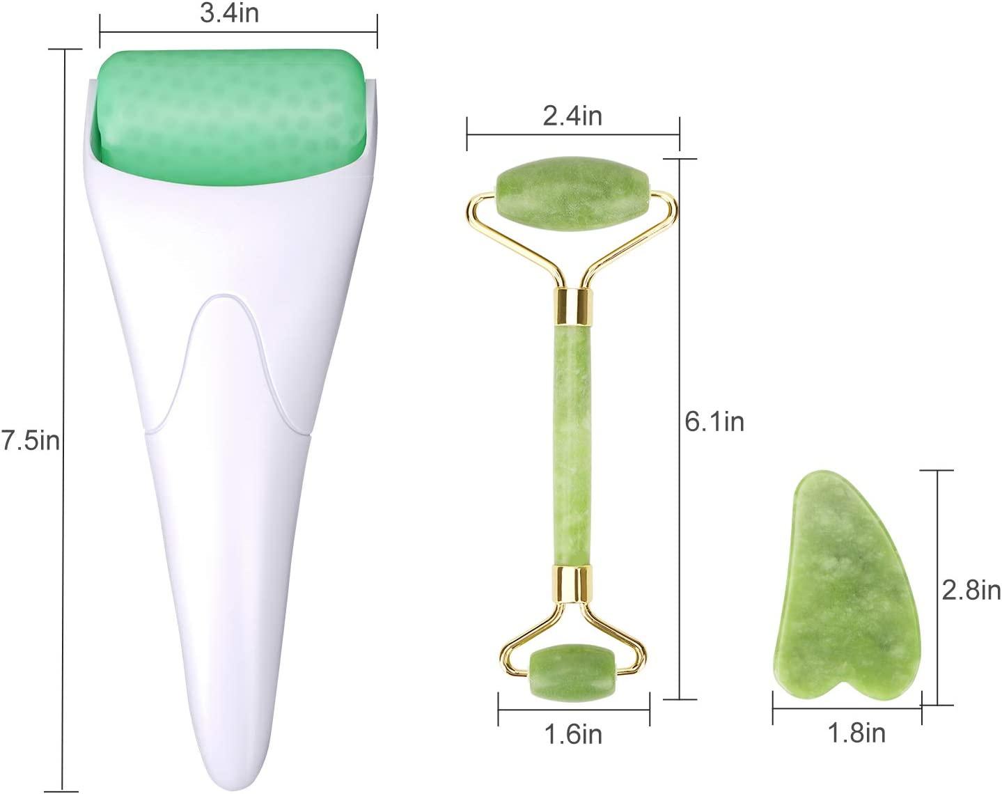 Facial Roller Set of 3, Ice Roller, Two-Sided Jade Roller and Gua Sha ...