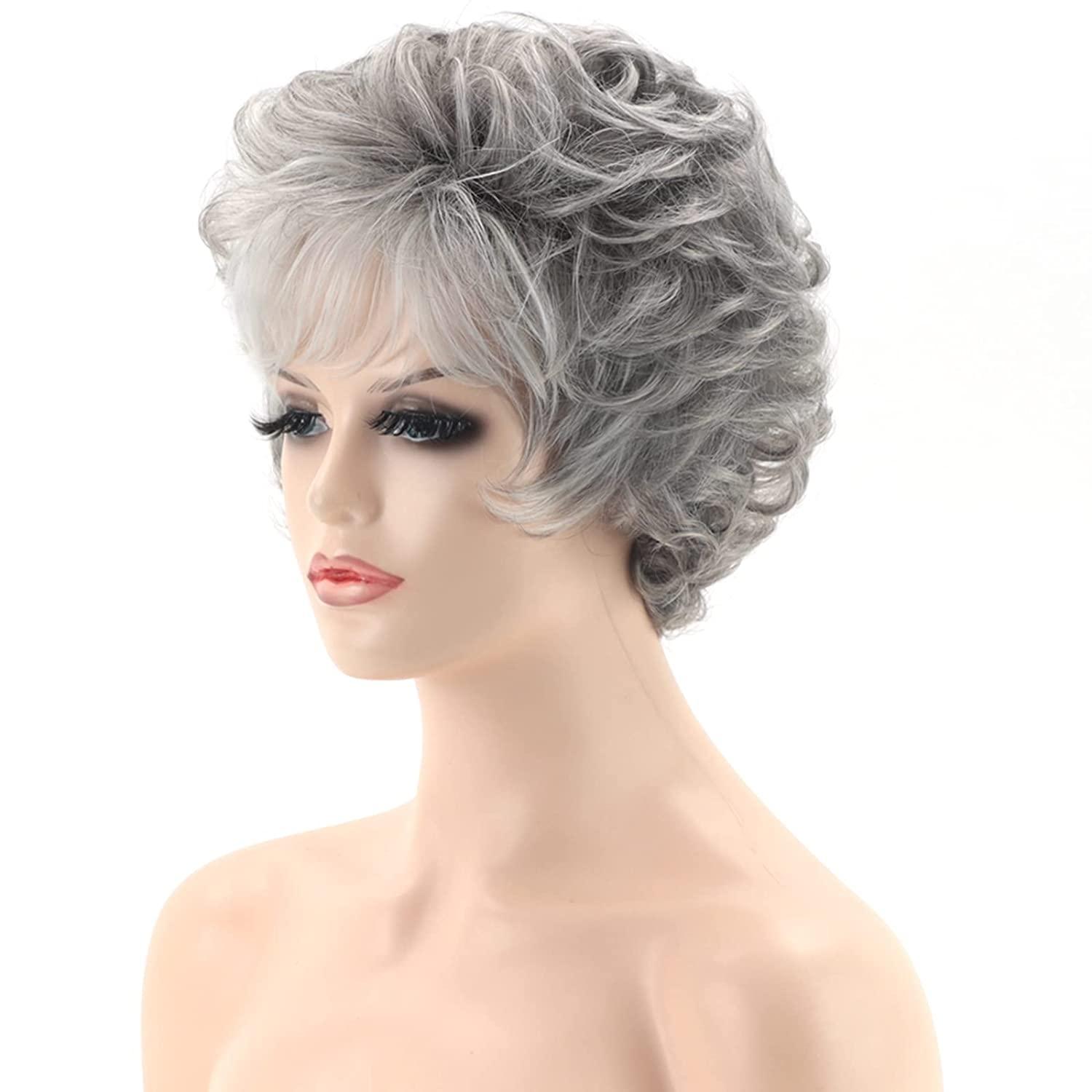 Silver Grey Pixie Cut Curly Wig for White Women - Short Wavy Layered ...