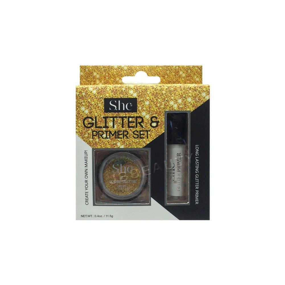 She Glitter & Primer Set (Gold) - Luxurious Shine & Long-Lasting Hold ...