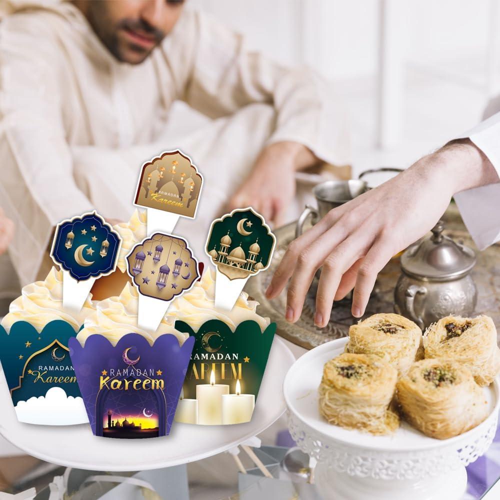 24 Sets Ramadan Cupcake Toppers and Wrappers Eid Mubarak Decorations ...