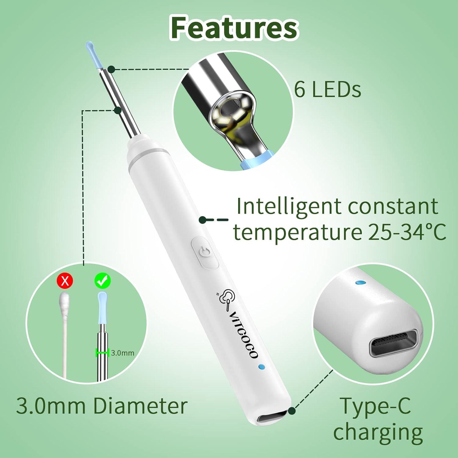 VITCOCO Wireless Ear Wax Removal Kit 1920P Camera with 6 LED Lights for ...