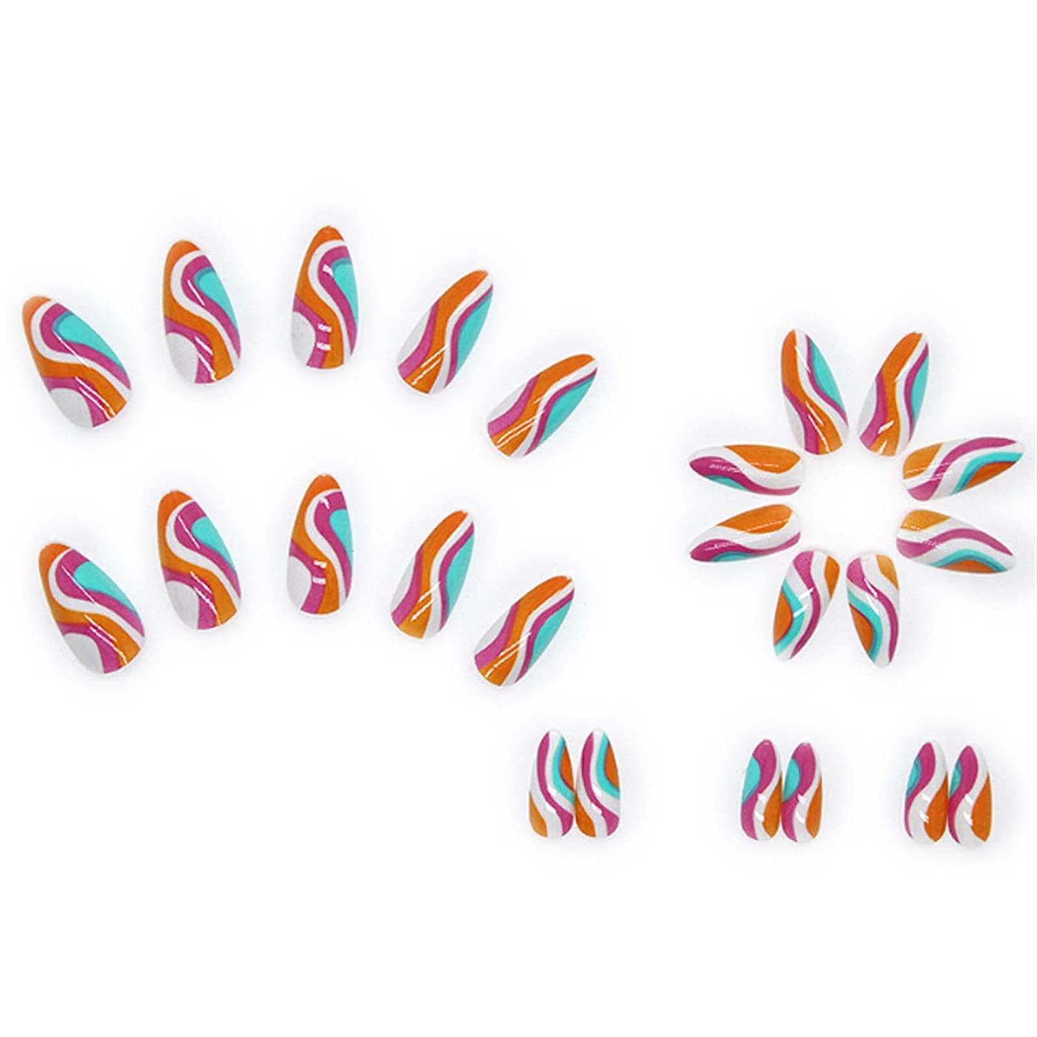 Kamize Colorful Almond Press-On Nails | 24PCS Medium Acrylic Swirl ...