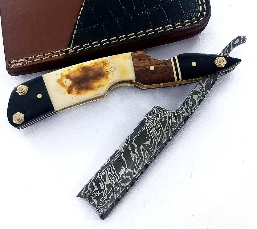 Handcrafted Damascus Steel Straight Razor with Real Leather Sheath ...