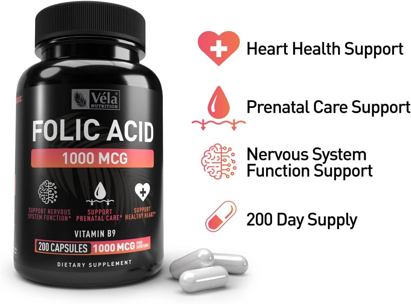 V la Folic Acid Supplement | 1000mcg Per Serving | 200 Capsules | Heart ...