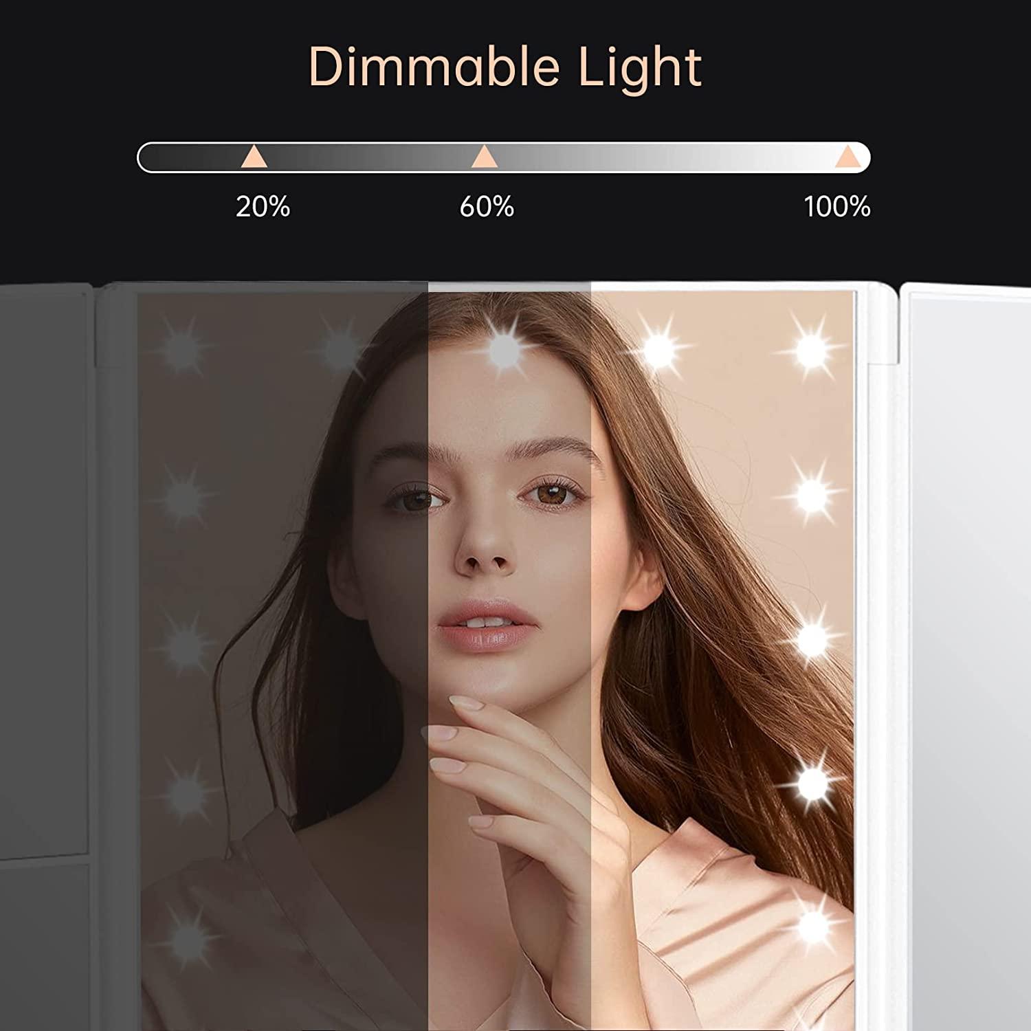 FASCINATE Trifold Vanity Mirror with Lights - 21 LED Touch Dimming, 2X/3X Magnification, Dual ...