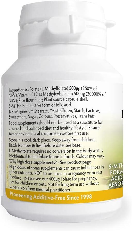Folate 500mcg & Vitamin B12 500mcg x 90 Capsules - No Magnesium ...