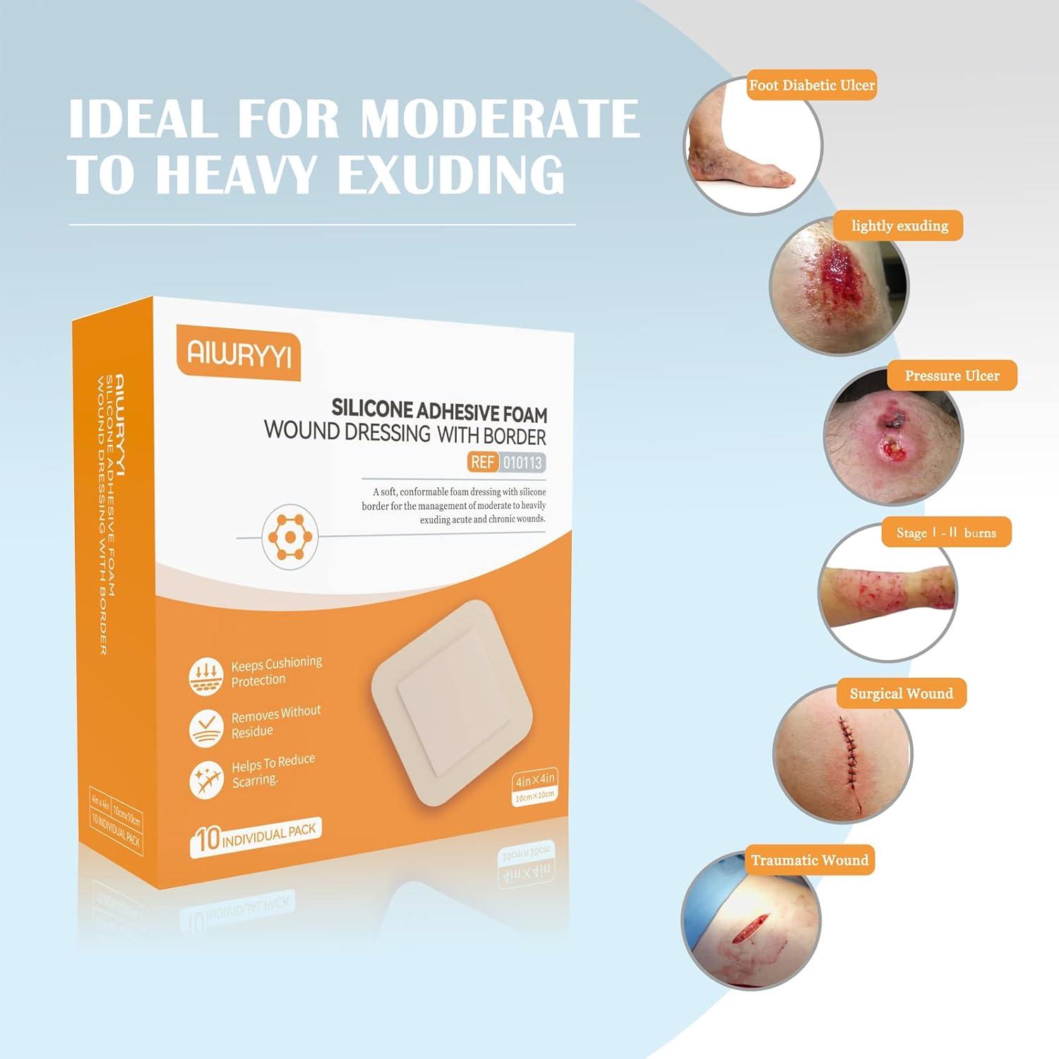 Silicone Adhesive Foam Wound Dressing 4x4 with Border - 10 Pack ...