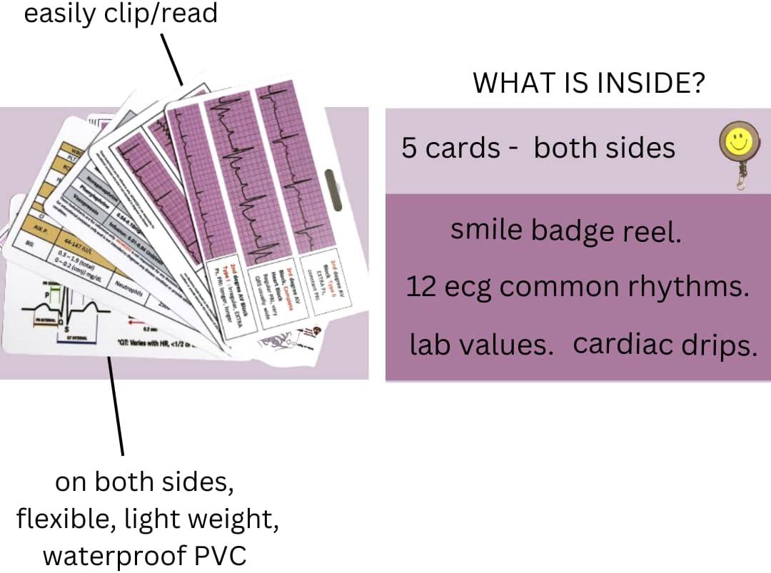 MOMOZEE EKG Nursing Reference Badge Cards - Pink EKG Lab Cardiac Drips ...