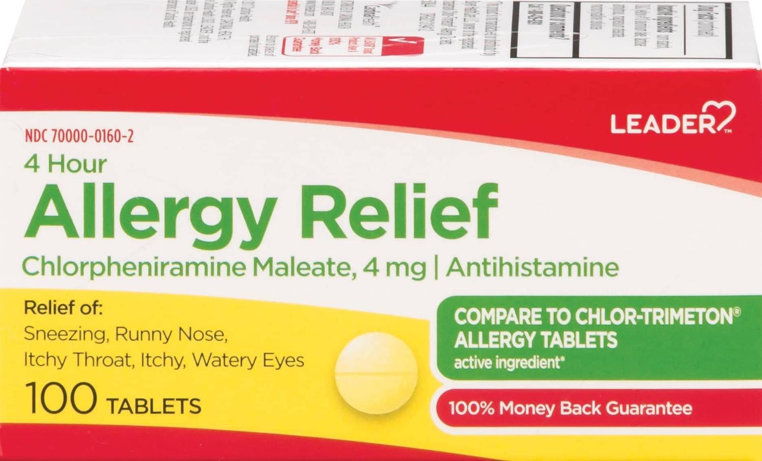 Leader 4 Hour Allergy Relief Tablets 4mg - 100 Count Antihistamine (1 ...