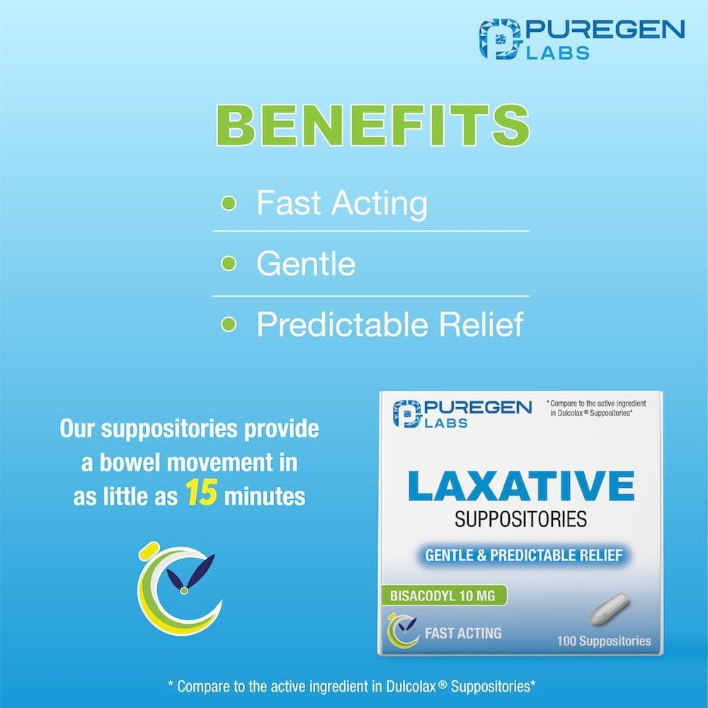 Puregen Labs Fast Relief Laxative Suppositories - 100 Count Bisacodyl ...
