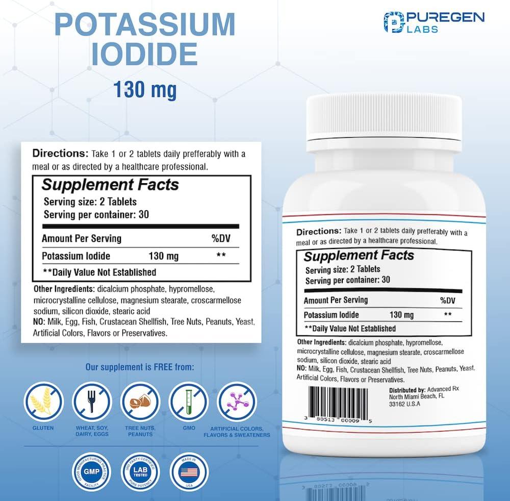 Potassium Iodide 130mg Kosher Tablets for Thyroid Support - 60 ...
