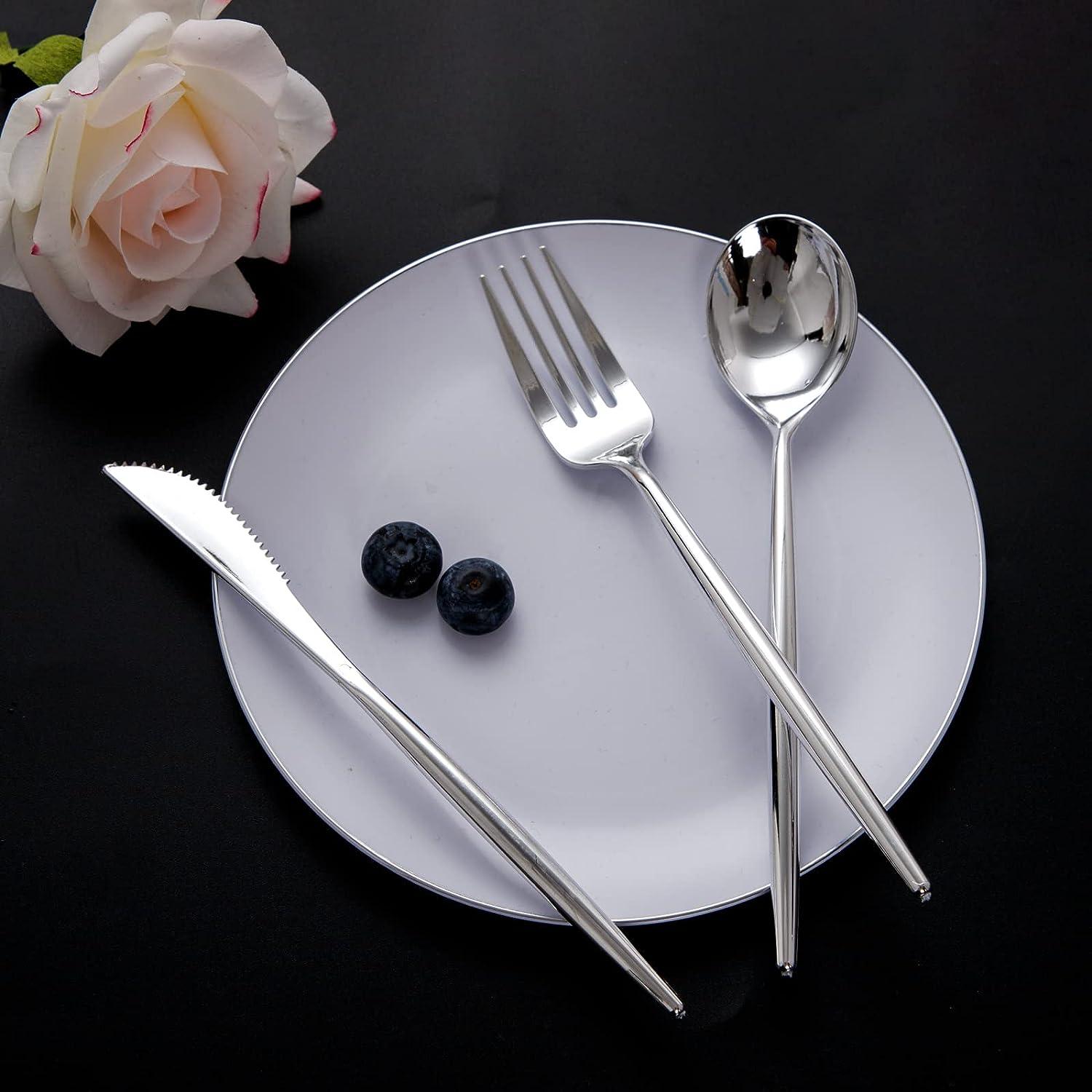 SUT 150Pcs Heavy Duty Silver Plastic Cutlery Set - 50 Forks, 50 Spoons ...