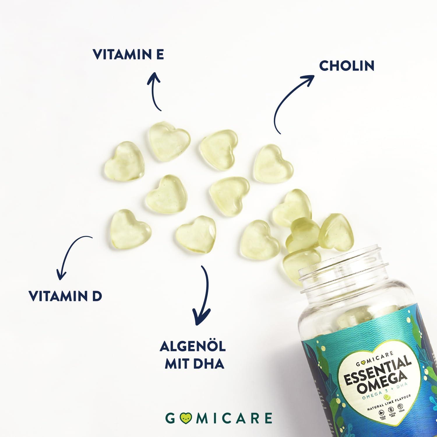 Gomicare Omega 3 Gummies - Vegan Sugar-Free Gluten & Lactose-Free - 60 Algal DHA Vitamin D & E ...