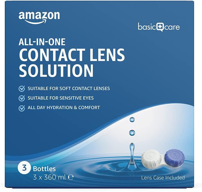 Amazon Basic Care Soft Contact Lens Solution 3 x 360ml | All-In-One Cleaning & Disinfecting ...