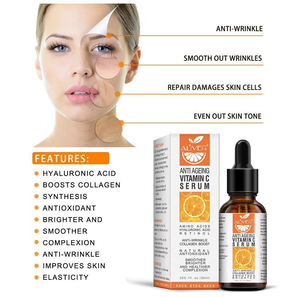 Organic Vitamin C Serum with Hyaluronic Acid - 20% Vitamin C, Vegan Retinol & Amino Acids for ...