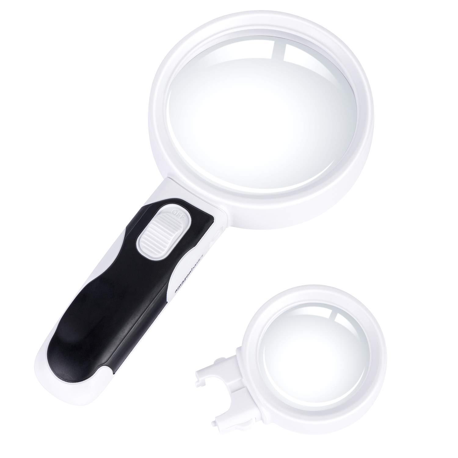 Amazon Basics Magnifying Glass with Light 2-lens 5X 10X LED Illuminated ...