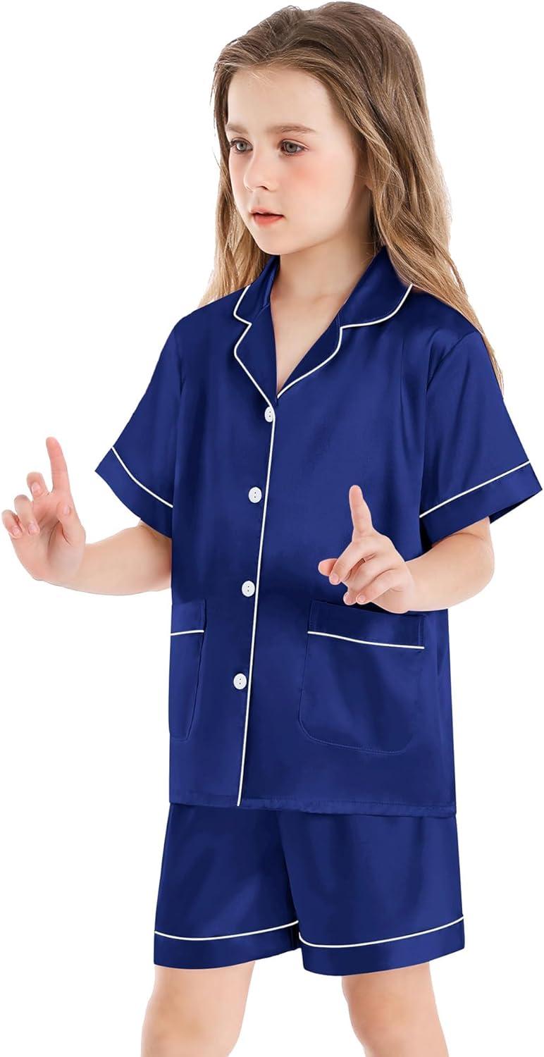 SWOMOG Kids Satin Pyjamas Set - 2 Piece Lounge Set, Short Sleeve Silk ...