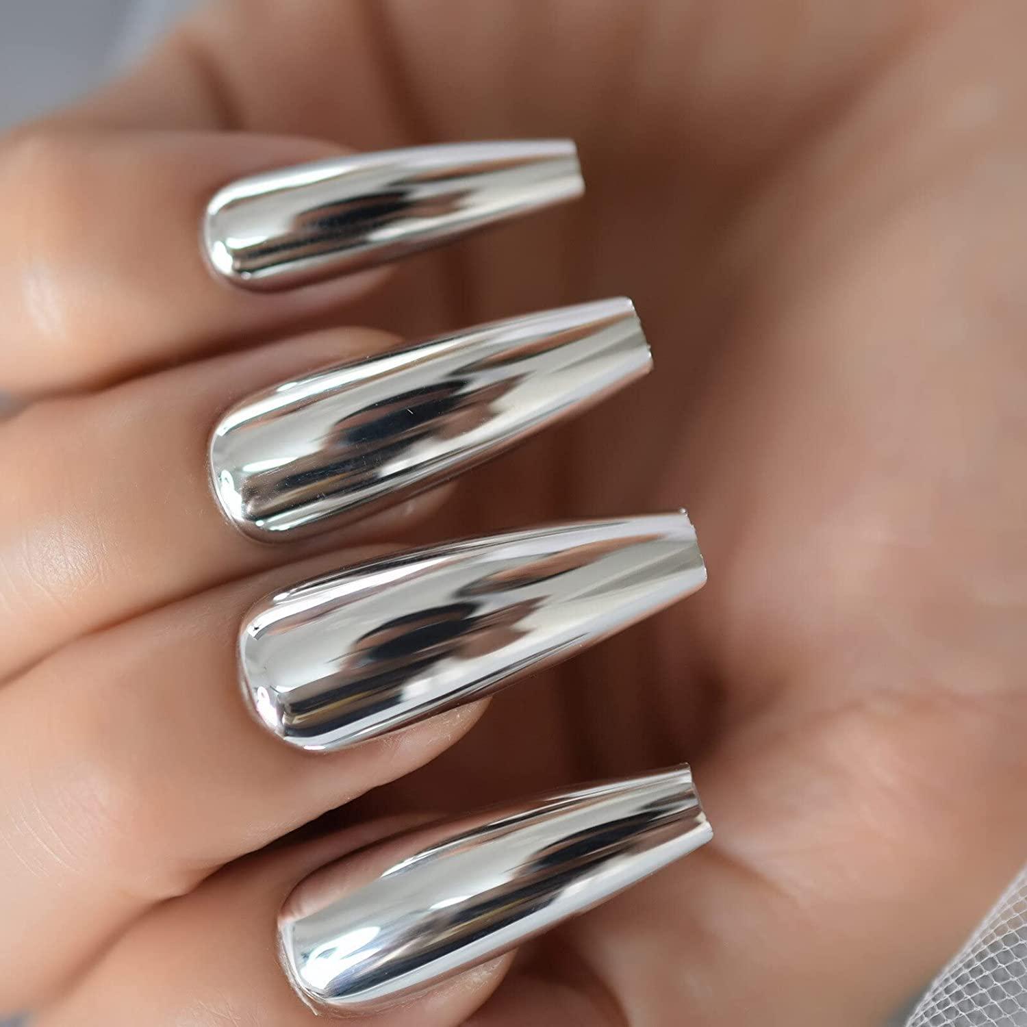 Silver Punk Metallic Press On False Nails - Long Coffin Ballerina ...